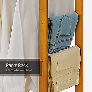 MoNiBloom Closet Organizer with Two Shutter Doors and 1 Drawer, Bamboo Freestanding Clothes Garment Rack with a Hanging Rob, 2 Storage Shelves, 2 Hooks and Pants Rack, Brown