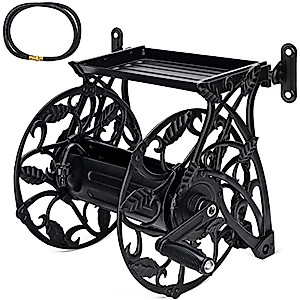 Garden Hose Reel Wall Mount with 6.5ft Leader Hose, Storage Shelf, Holds 130ft of 5/8 Hose, Portable Cast Iron Water Hose Reel for Outside Gardening Tools, Decorative Metal Hose Storage Holder
