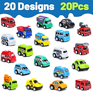 20 Pack Pull Back City Cars and Trucks Toy Vehicles for Toddlers 1-3 Mini Car Toys Fire Trucks & Construction Vehicles & Police Cars Play Set for Kids 3 4 5 6 7 Goodie Bag Stuffers Party Favors
