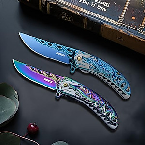 Dispatch Pocket Knife for Men Women with Clip, Folding Knife with Dragon Pattern Handle, Outdoor Hunting Camping Hiking EDC Tools