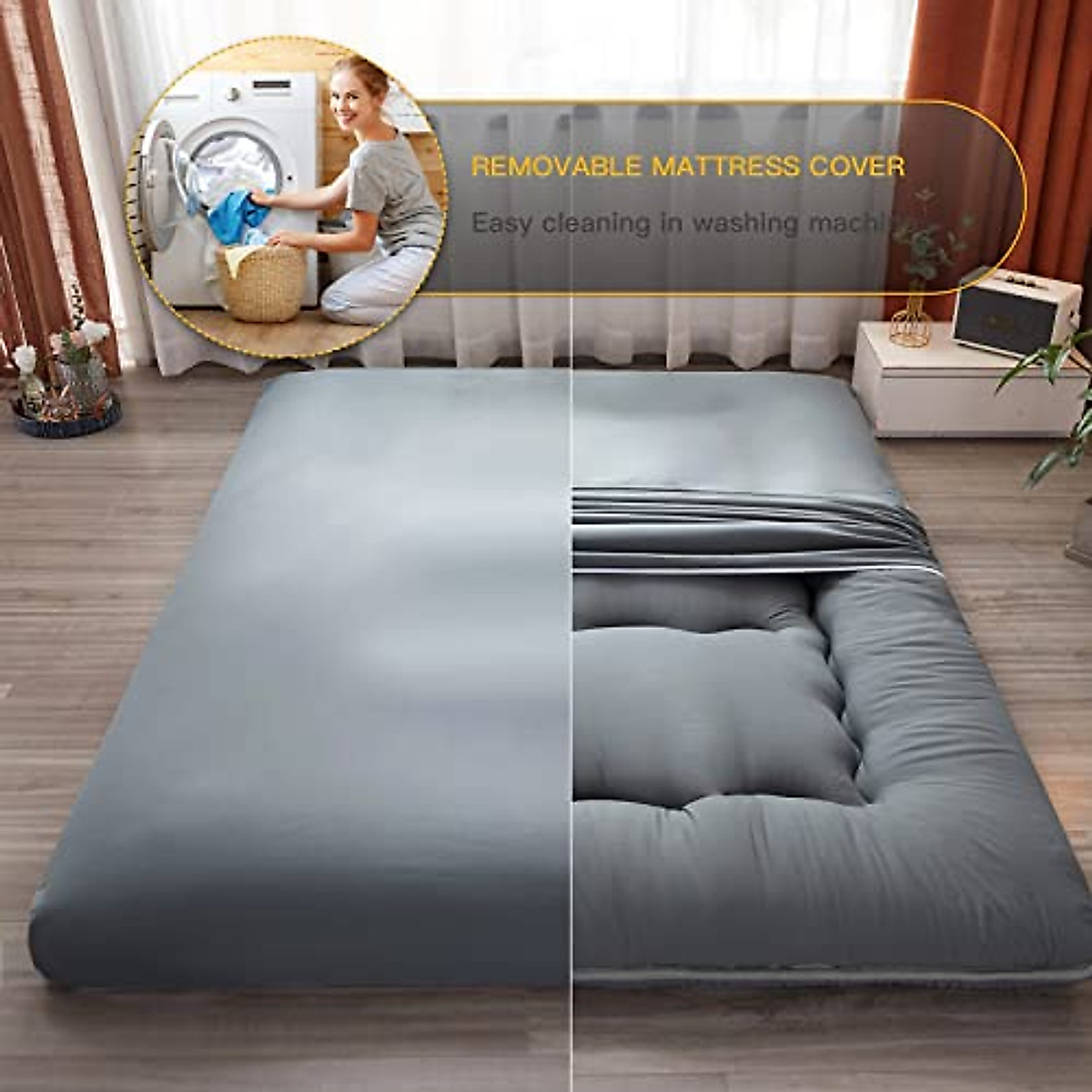 Heimorn Japanese Floor Mattress, Japanese Futon Mattress, Shikibuton Foldable & Portable Camping Mattress with Washable Cover, Dark Gray Full-XL,Grey