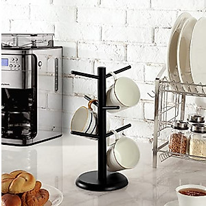 Dorhors Mug Tree,Mug Hanger Stand,Coffee Cup Holder with 6 Hooks,Wood Coffee Mug Holder for Counter,Coffee Bar Accessories and Decor,Coffee Organizer Station (Balck)