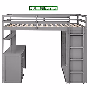 SNIFIT Latest Upgraded & Stronger Solid Wood Full Size Loft Bed with Desk Underneath & Storage Drawers & Shelf & Wardrobe, Thickened Enhanced Wooden Full Loft Bed Frame (Easier to Assemble) (Gray)