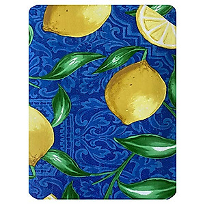 Newbridge Provence Blue and Yellow Lemon Print Vinyl Flannel Backed Tablecloth, French Provencal Lemon Damask Design Waterproof Patio, Kitchen Tablecloth, 52 Inch x 70 Inch Oblong/Rectangle