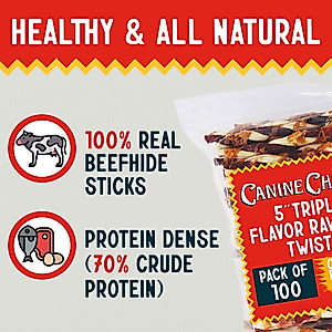 Canine Chews 5" Triple Flavor Rawhide Stick Twists for Small Dogs Dog Treat Dental Stick Chicken, Pork, Beef Flavor Chew Toy (100 Pack)
