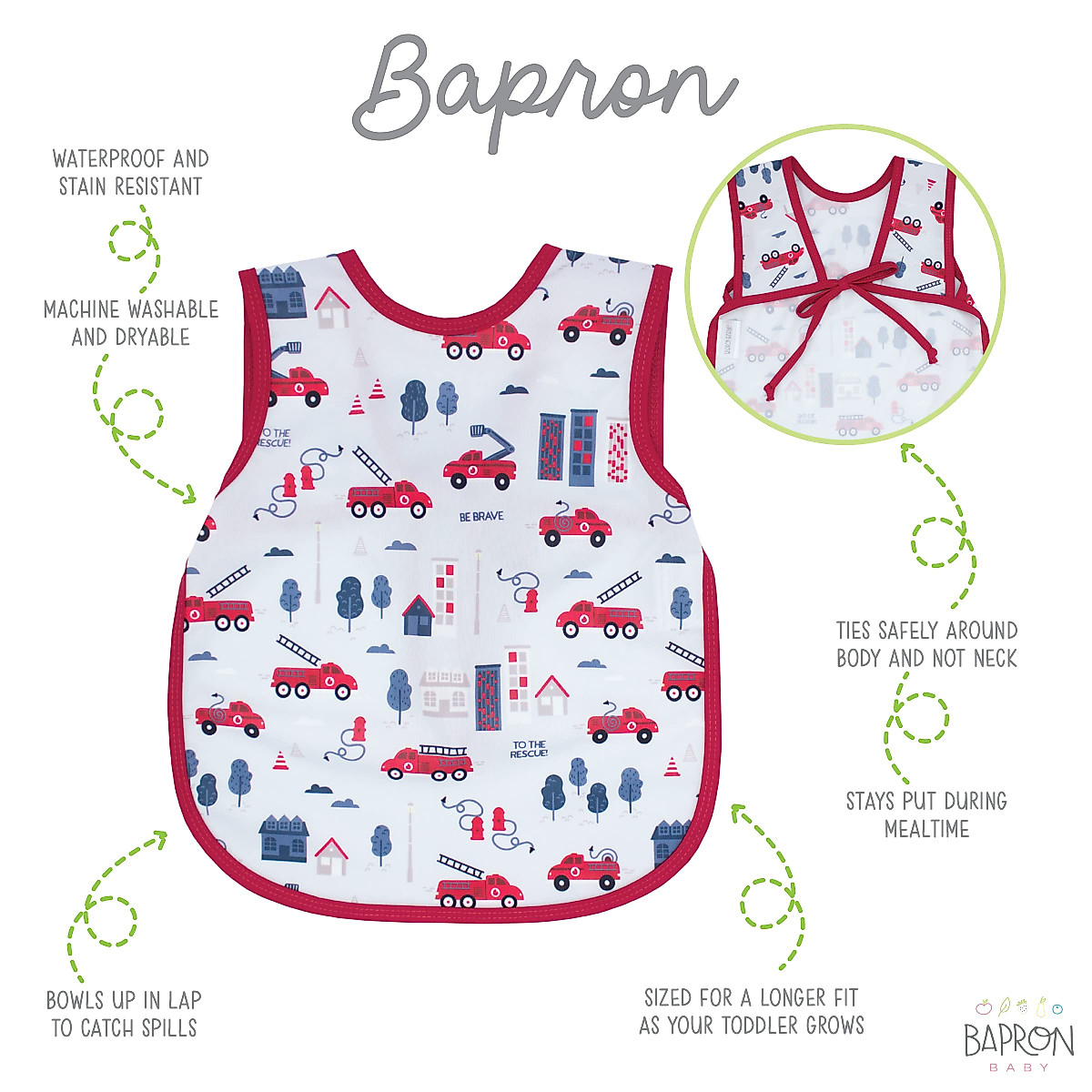 BapronBaby Be Brave - Firefighter Bapron - No Neck Tie Safer Bib for Baby & Toddler - Soft Waterproof Stain Resistant - Machine Washable - Sz Baby/Toddler 6m-3T