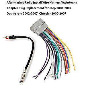 RED WOLF Aftermarket Radio Install Wire Harness W/Antenna Adapter Plug Replacement for Jeep 2003-2007,Dodge ram 2002-2007, Chrysler 2000-2007