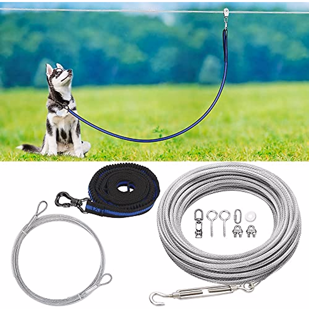 XiaZ Dog Tie Out Cable, 100ft Dog Trolley Runner Cable for Dogs up to 250lbs, Dog Lead for Yard, Camping, Outdoor, with 8 Ft Nylon Bungee Runner, Cable Sling to Protect Trees