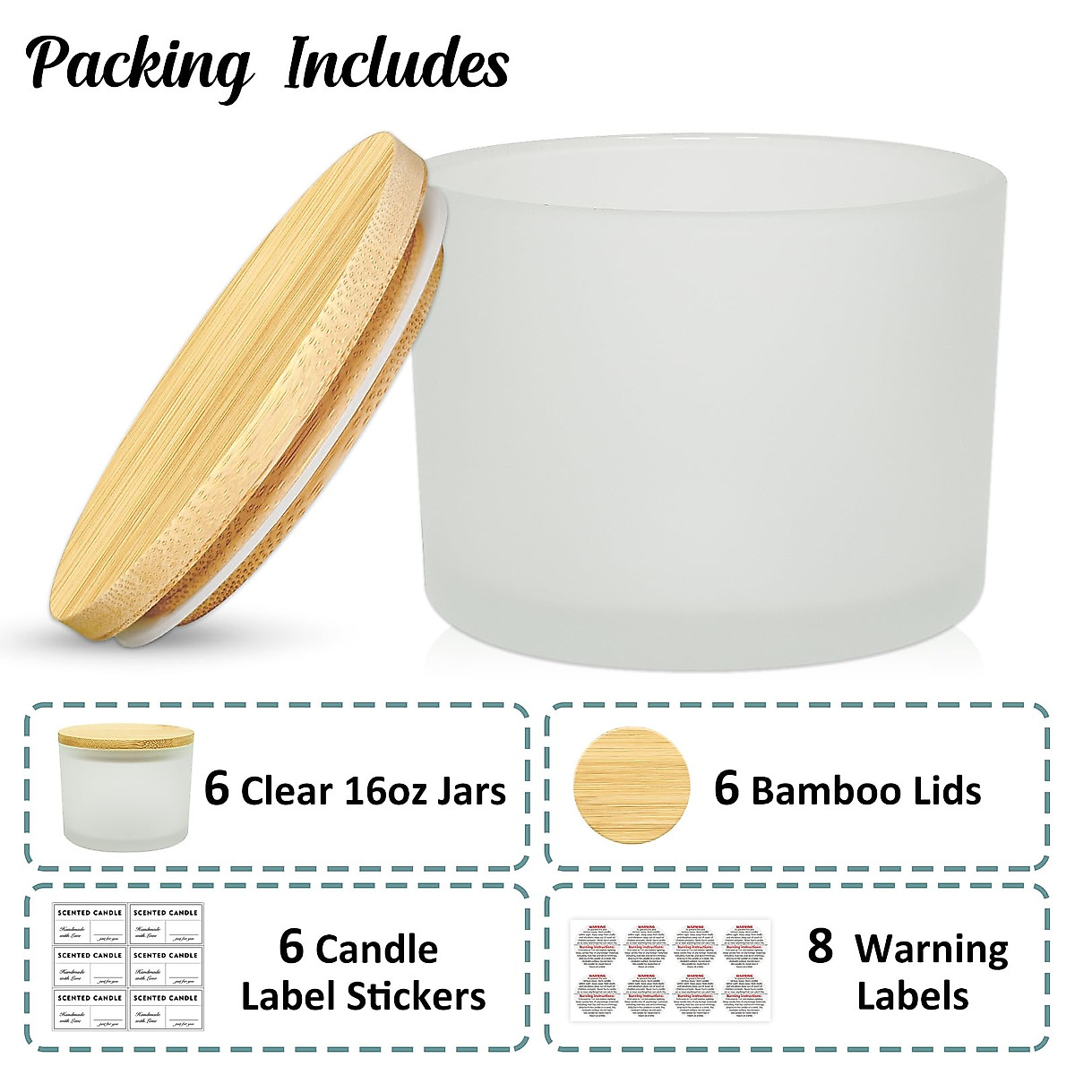 SUPMIND 16oz 3 Wick Candle Jars 6 Pack - Large Empty Frosted Glass Candle Making Jars with Bamboo Lids, with Stickers and Labels, Bulk Candle Jars for Making Candles Containers - Dishwasher Safe