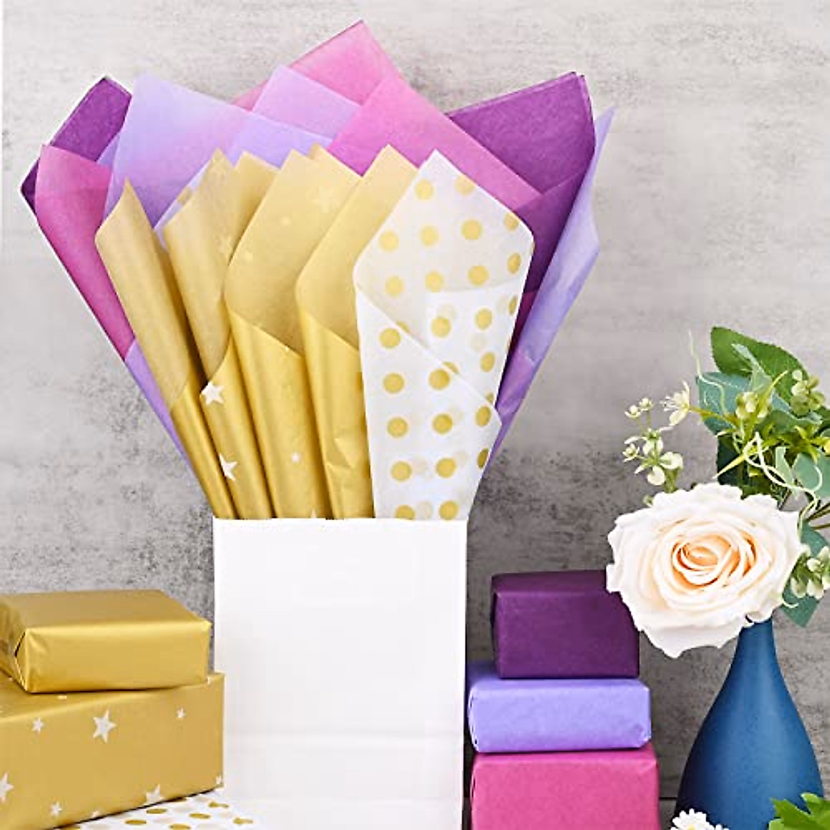 60 Sheets, 28 * 20 inches, Purple Metallic Gold Tissue Paper for Gift Wrapping, Star Polka Dots Patterned Tissue Paper for Gift Bags for Birthday, Eid al-Fitr, Hanukkah, Christmas, Wedding DIY Craft