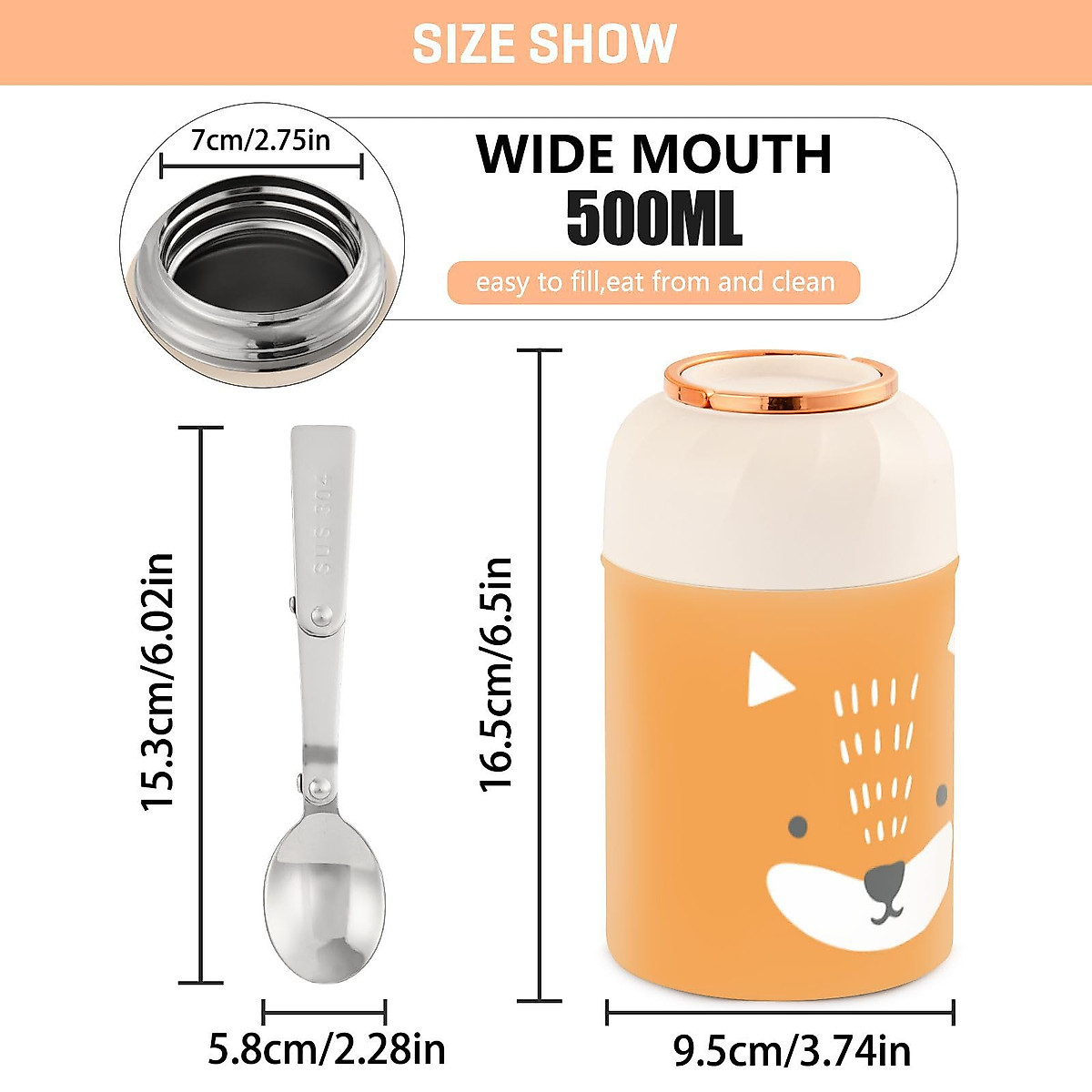 JUNZAN Cute Simple Animal Fox Kids Womens Insulated Food Jar Containers with Spoon 17oz/500ml Lunch Containers For Hot Food Stainless Steel Vacuum Leakproof Lunch Boxes for Lunch Accessories