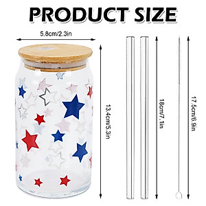 Whaline Patriotic Drinking Glasses with Bamboo Lids and Straw 4th of July Beer Can Glasses 16oz Red Blue White Star Iced Coffee Cups for Independence Day Travel Office Home Gifts, 2Pcs
