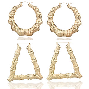 Goldtone 3.25 Inch Bamboo Style Hoop Earrings and a Triangle Bamboo 3.5 Inch Hoop (E-788 + E-799)