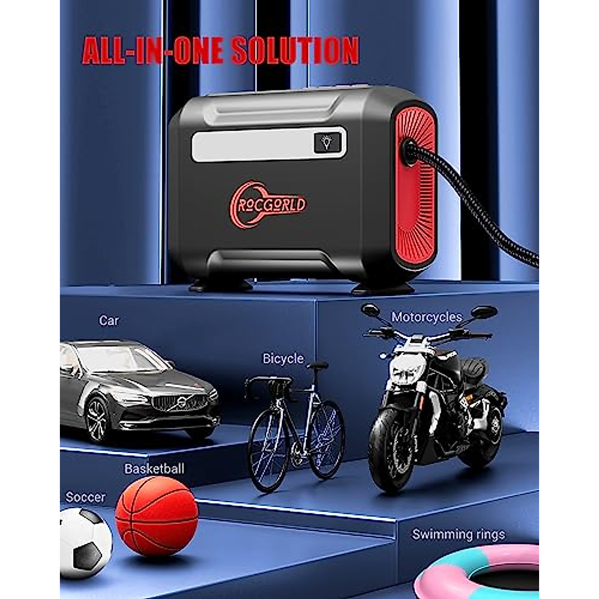 ROCGORLD R8 Tire Inflator Portable Air Compressor, DC 12V Air Compressor Portable with Large Dual Digital Screen, 3X Faster Inflation Air Pump for Car, Bike, Ball, Motor