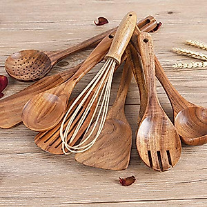 Kitchen Utenails Set with Holder,Kitchen Wooden Utensils for Cooking , Wood Utensil Natural Teak Wood Spoons for Cooking,Wooden Kitchen Utensil Set With Spatula and Ladle (11)
