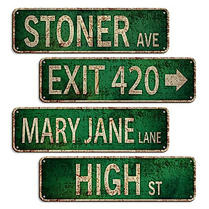 Stoner Avenue Street Sign 4 Signs of Exit 420 /High St /Mary Jane Lane /Stoner Ave for Room Decor, Duplex Printing Waterproof Trippy Room Decor for Stoners, Vintage Rustic Retro Street Sign for Bedroom
