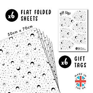 CENTRAL 23 - White Wrapping Paper - 6 Sheets of Monochrome Gift Wrap - Moons and Stars - Birthday Wrap for Her - Birthday Wrapping Paper for Men and Women - Recyclable