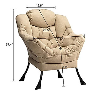 HollyHOME Modern Cotton Fiber Fabric Lazy Chair, Accent Contemporary Lounge Chair, Single Steel Frame Leisure Sofa Chair with Armrests and A Side Pocket, Thick Padded Back, Coffee&White