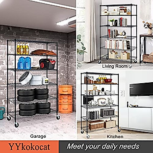 YYkokocat 6000Lbs Capacity Heavy Duty Storage Shelves Commercial Wire Shelving Unit and Storage Adjustable NSF 6 Tier Metal Rack Shelf on Wheels for Garage Basement, 76 H x 48 L x 18 D - Black