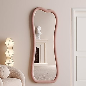 BOJOY Full Length Mirror, 63" x 24" Wall Mirror, Flannel Wrapped Wooden Frame Full Body Mirror, Irregular Wavy Mirror Hanging or Leaning Against Wall for Cloakroom/Bedroom/Living Room, Pink