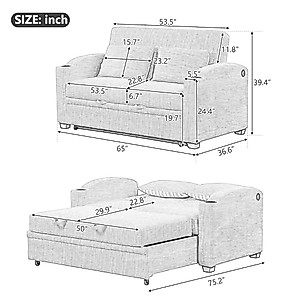 P PURLOVE Upholstered Modern Sofa Bed with Armrest, Convertible Sofa Couch with Adjustable Backrest, Sleeper Bed with 2 Pillows, USB Port, Chenille Pull Out Sofa Bed for Living Room (White Gray)