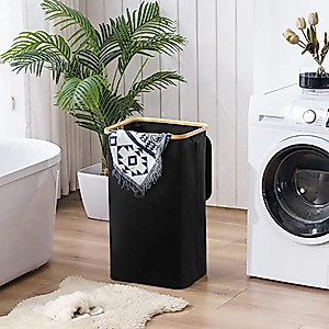100L Large Laundry Hamper with Lid and Removable Bag by TECHMILLY, Tall Laundry Basket with Bamboo Handles for Clothes and Toys Storage, Collapsible Clothes Hamper for Bedroom and Bathroom, Black