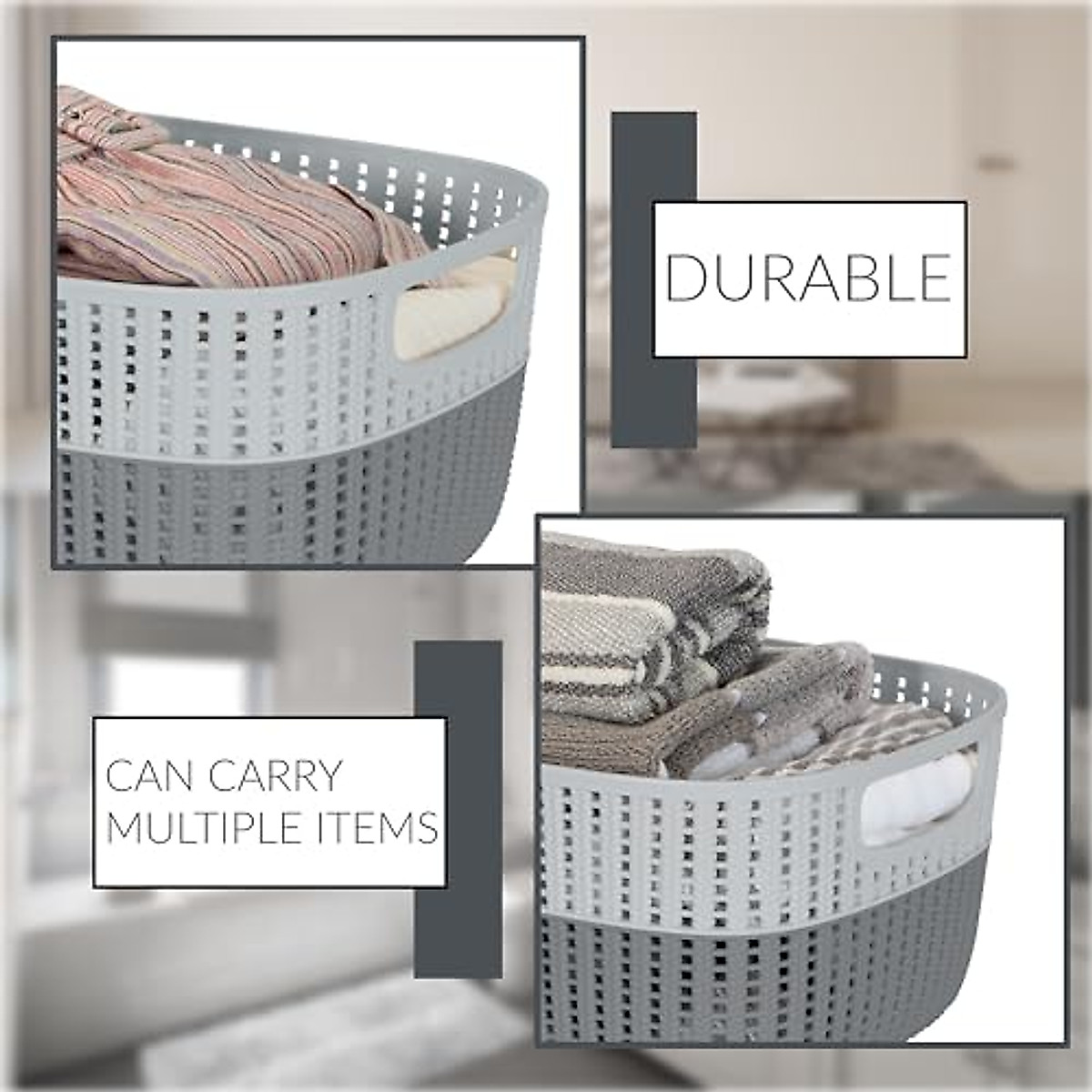 Simplify 2 Tone Sailor Knot Plastic Storage Tote | Decorative Basket | Closet Organization | De-clutter | Accessories | Toys | Bathroom Organization | Large | Grey/Grey