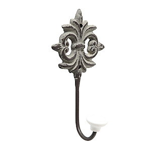 Chateaux Fleur De Lis Wall Hooks, Set of 4, Shabby Distressed Finish, French Country Style, Rustic Bronze, Rubbed White Patina, Cast Iron, Vintage Inspired, Porcelain Caps, Each 6 Inches Tall