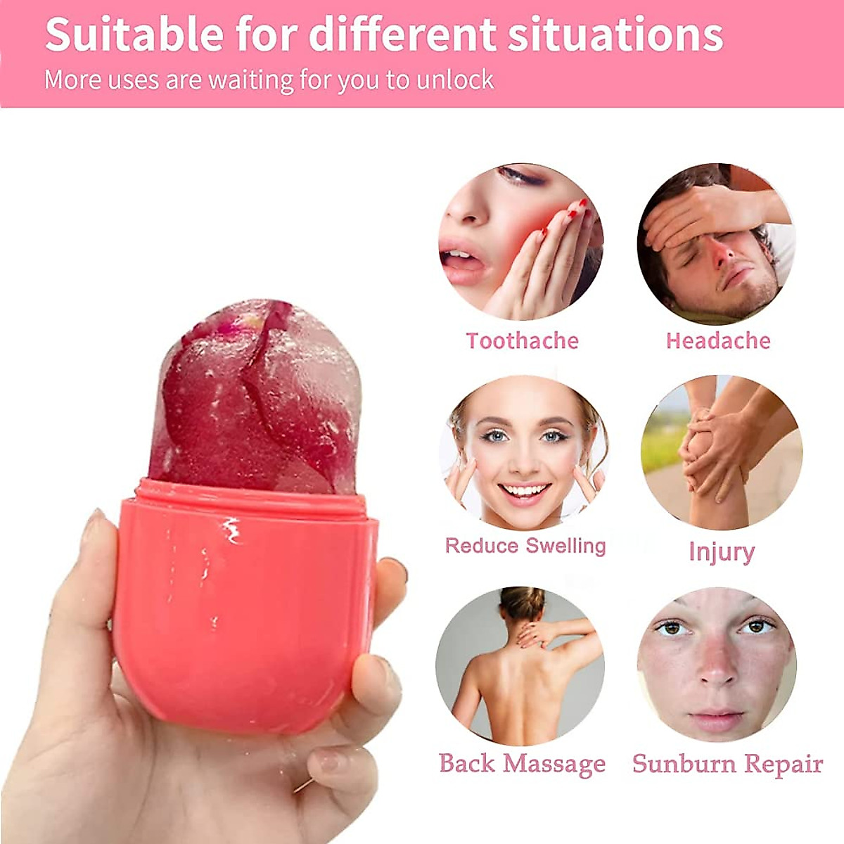 Mini Beauty Face Ice Roller, Ice Face Roller, Ice Roller for Face, Eye and Neck, Ice Roller Skin Care, Ice Holder for Face, Reusable Silicone Ice Mold for Face (Pink)