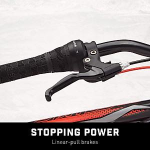 Mongoose Status 2.2 Mountain Bike for Men and Women, 26-Inch Wheels, 21-Speed Shifters, Aluminum Frame, Front Suspension, Black/Red