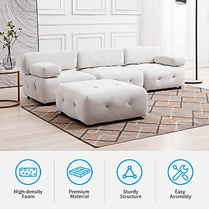 Mjkone Modular Sectional Sofa with Reversible Chaise, Velvet L Shaped Cloud Couch with Reversible Ottoman, 4 Seater Couch Button Tufted Designed Cloud Sofa, DIY Combination Sofa for Living Room,Beige