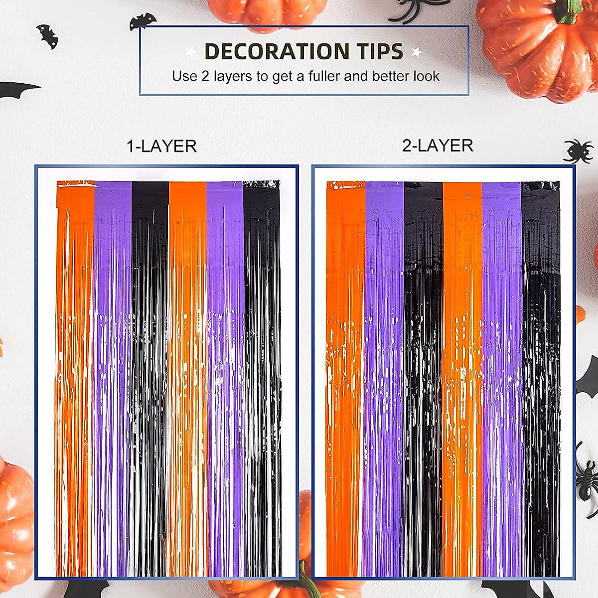 LOLStar 5 Pack Orange Purple Black Photo Booth Props,3.3 X 6.6 ft Halloween Foil Fringe Curtains,Halloween Party Photo Backdrop Streamer Backdrop for Halloween Party Decoration