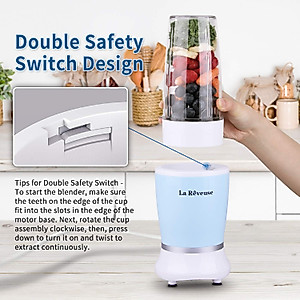 La Reveuse Personal Size Blender 250 Watts Power for Shakes Smoothies Seasonings Sauces with 1 Piece 15 oz Cup,1 Piece 10 oz Mug,BPA Free (Sky Blue)