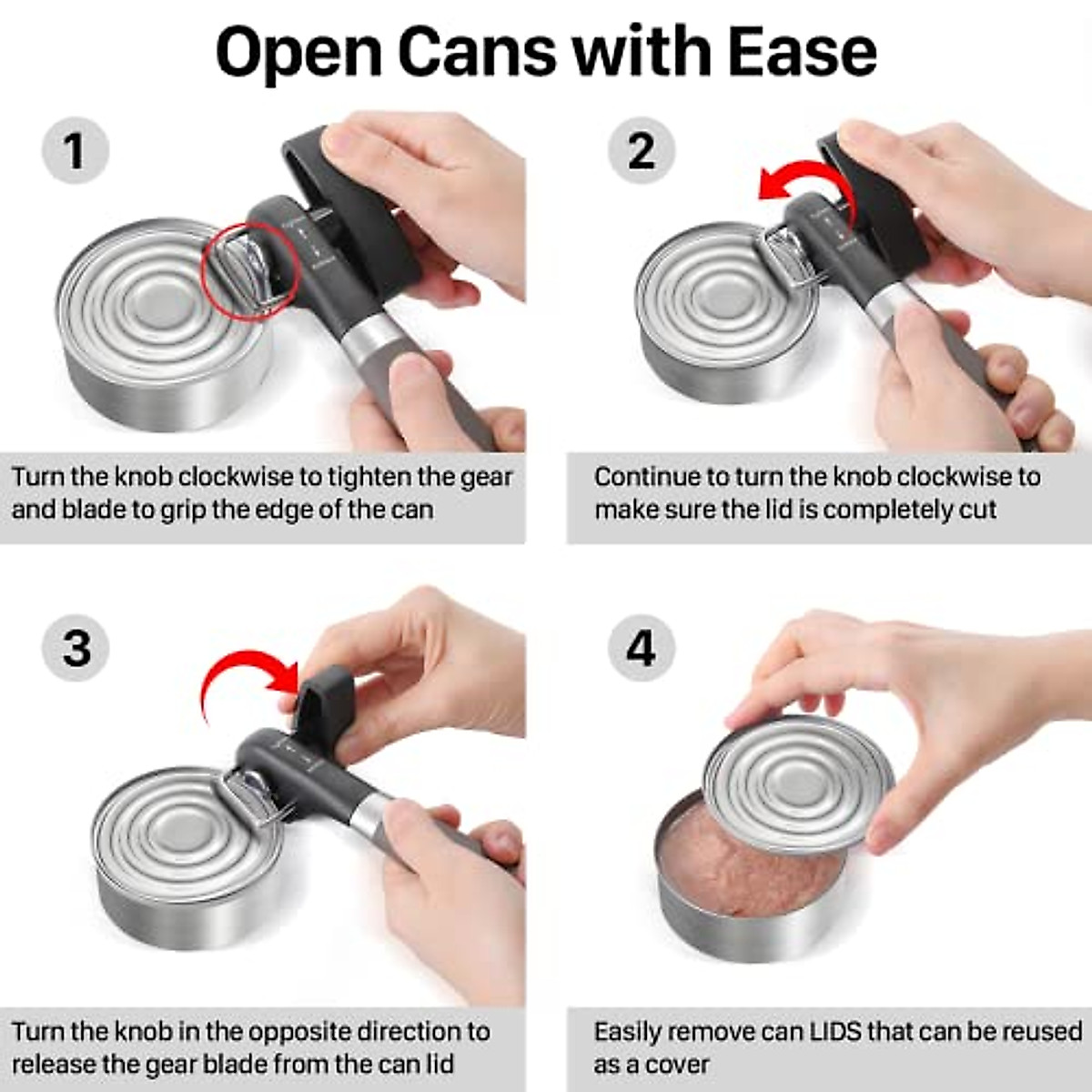 Can Opener Smooth Edge, Side Cut Can Opener Manual with Durable Sharp Blade, Safe Cut Manual Can Opener with Non-Slip Rubber Knob, Side Can Opener with Comfortable Grip Handle