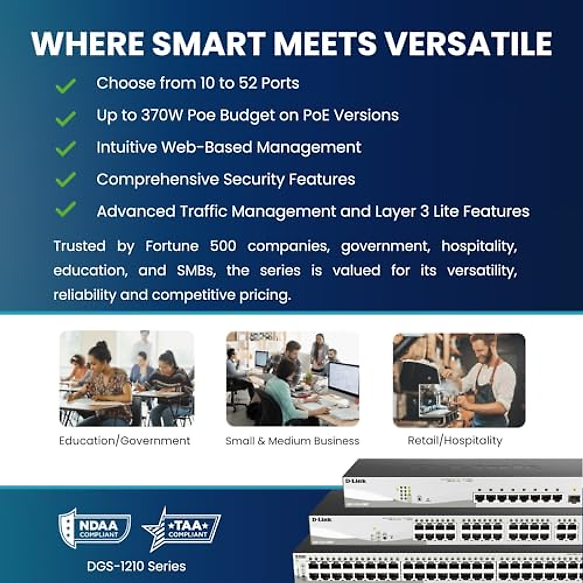 D-Link 28-Port Gigabit Smart Managed PoE+ Switch |24 PoE+ Ports (193W) + 4 SFP Combo Ports |L2+ | VLANs | Web Managed | Surveillance Mode | Rackmount | NDAA Compliant |Lifetime Warranty (DGS-1210-28P)