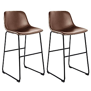 Rfiver Pu Faux Leather Bar Stools Set of 2, Industrial Pub Barstools with Back and Footrest, Modern Armless Bar Height Stool Chairs, Brown