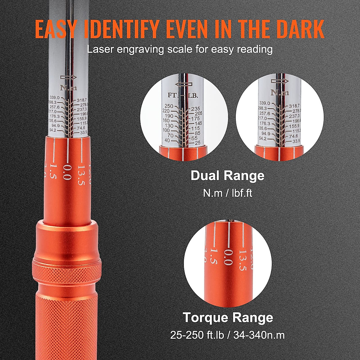 VEVOR Torque Wrench, 1/2-inch Drive Click Torque Wrench 25-250ft.lb/34-340n.m, Dual-Direction Adjustable Torque Wrench Set, Mechanical Dual Range Scales Torque Wrench Kit with Adapters Extension Rod