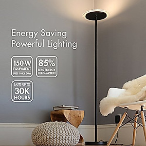 Tenergy Torchiere Remote Control Floor Lamp, 3000 LM LED Floor lamp 30W (150W Equivalent) Standing Lamp with Stepless Touch Dimmer, Omnidirectional Remote Control, 90° Adjustable Top, Warm White Light