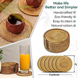 Eneocare Handmade Natural Rattan Coasters for Drinks, Wicker Boho Coasters, Woven Coasters for Drinks | Heat Resistant Reusable Saucers, Round Straw Trivet for Teacup, Set of 6 with Holder