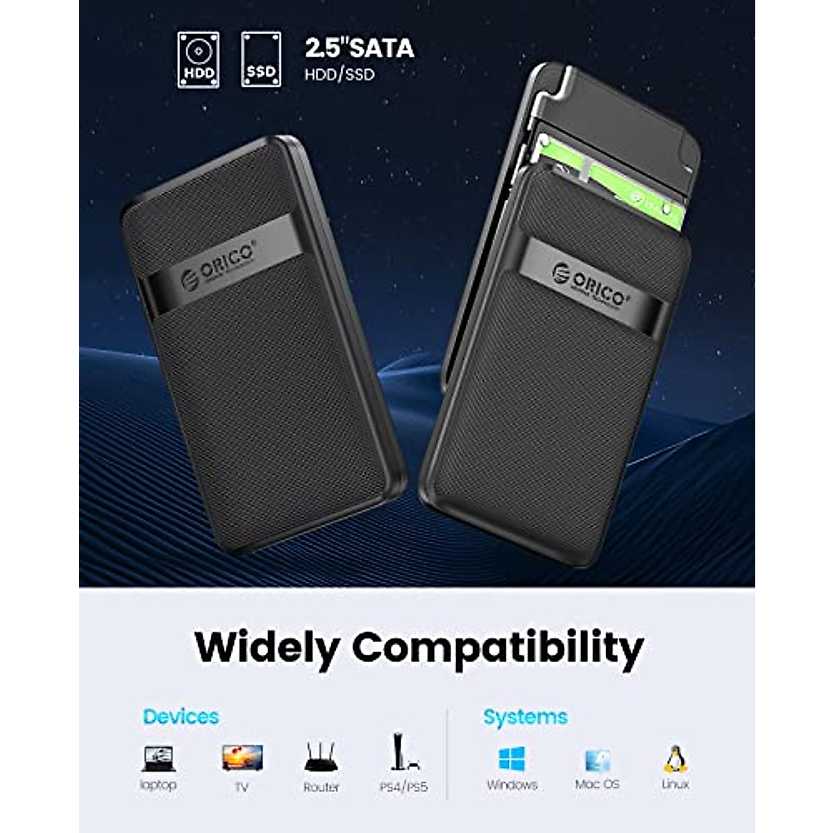 ORICO 2.5'' Hard Drive Enclosure, Upgraded Tool-Free 5Gbps USB 3.0 to SATA External Hard Drive Case for 2.5 Inch 7mm 9.5mm SSD HDD Max 6TB, UASP Supported, Black(2577U3)