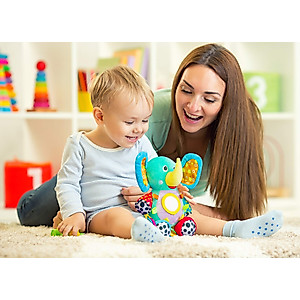 OKIKI Elephant Plush Stuffed Infant Toy, Baby Development Toys with Musical Box, Squeaky Feet, Kids Mirror, BPA Free Teether - Stroller, Crib, Carseat Baby Toys