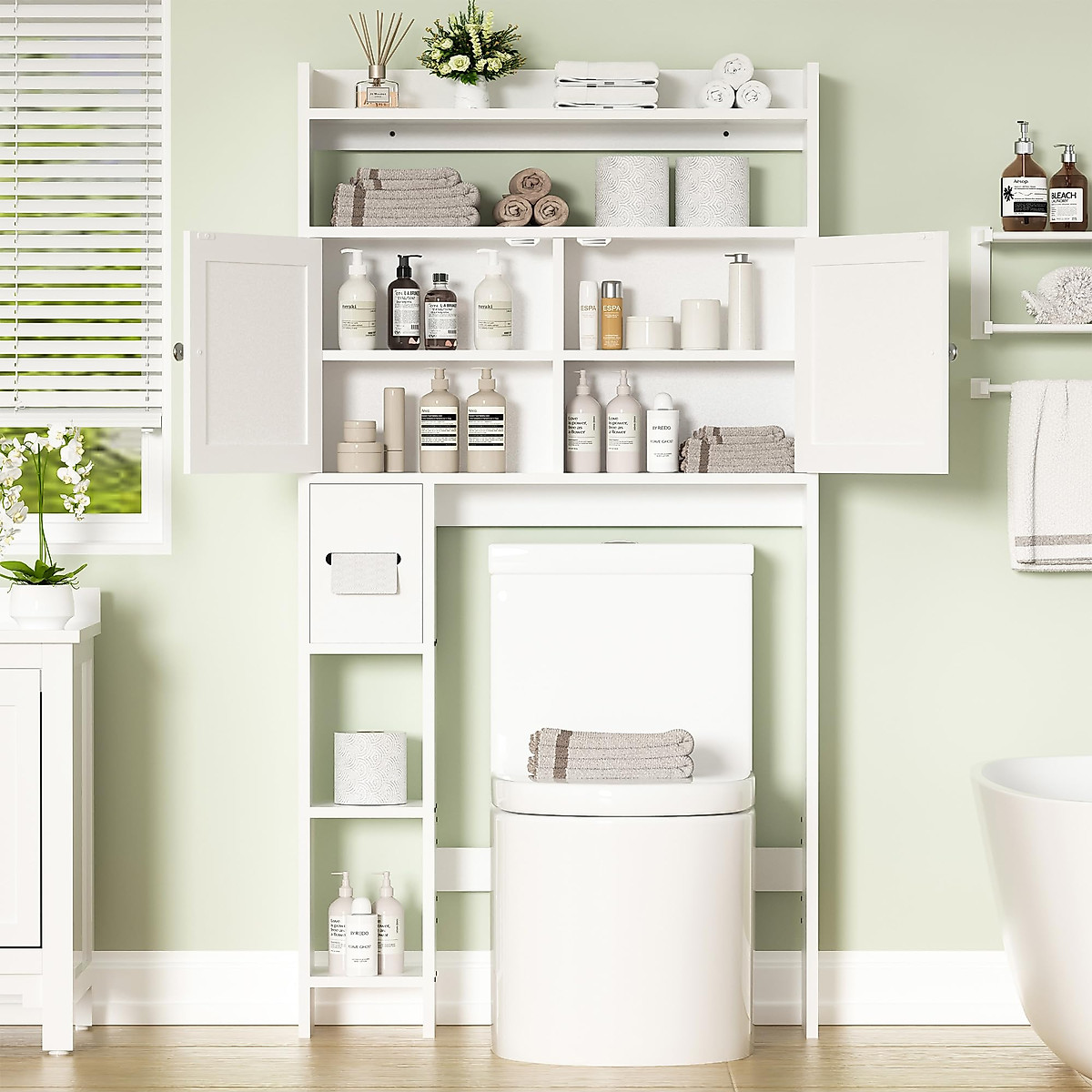 MU Over The Toilet Storage Cabinet with Doors, 32" Bathroom Storage Organizer with Side Shelves, Space-Saving Toilet Storage Rack for Bathroom, Laundry (White)