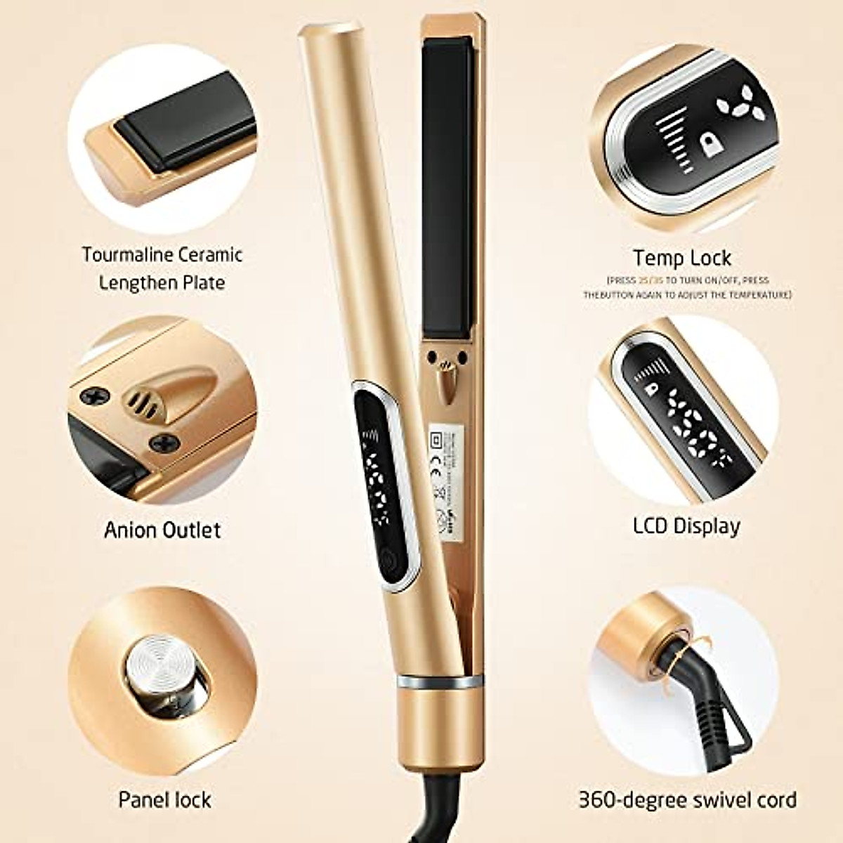 Hair Straightener and Curler 2 in 1,Keasen Professional Flat Iron for Hair Styling,Negative Ion Tourmaline Ceramic Titanium Straightening Curling Iron for All Hair Types,15S Fast Heating,LCD (Gold)