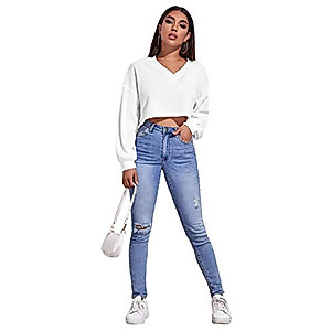 SheIn Women's Pullover Cropped Tshirt Long Sleeve V Neck Casual Crop Tops White X-Large