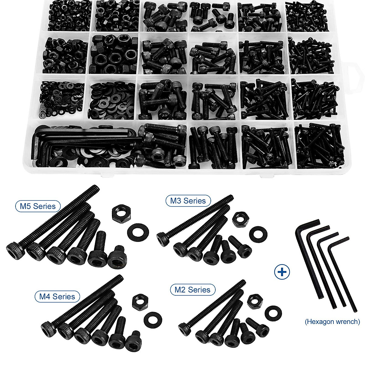 NINDEJIN M2 M3 M4 M5 Hex Socket Head Cap Screw Bolts Nuts and Washer Assortment Kit, 1060 PCS Black Machine Screws Set, 12.9 Carbon Steel Metric Small Parts with 4 Pieces Allen Wrenches