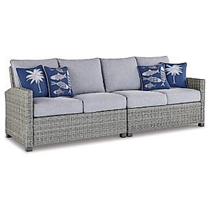 Signature Design by Ashley Naples Beach Casual Outdoor Right and Left-arm Facing Loveseat with Cushion and 4 Throw Pillows, Set of 2, Light Gray