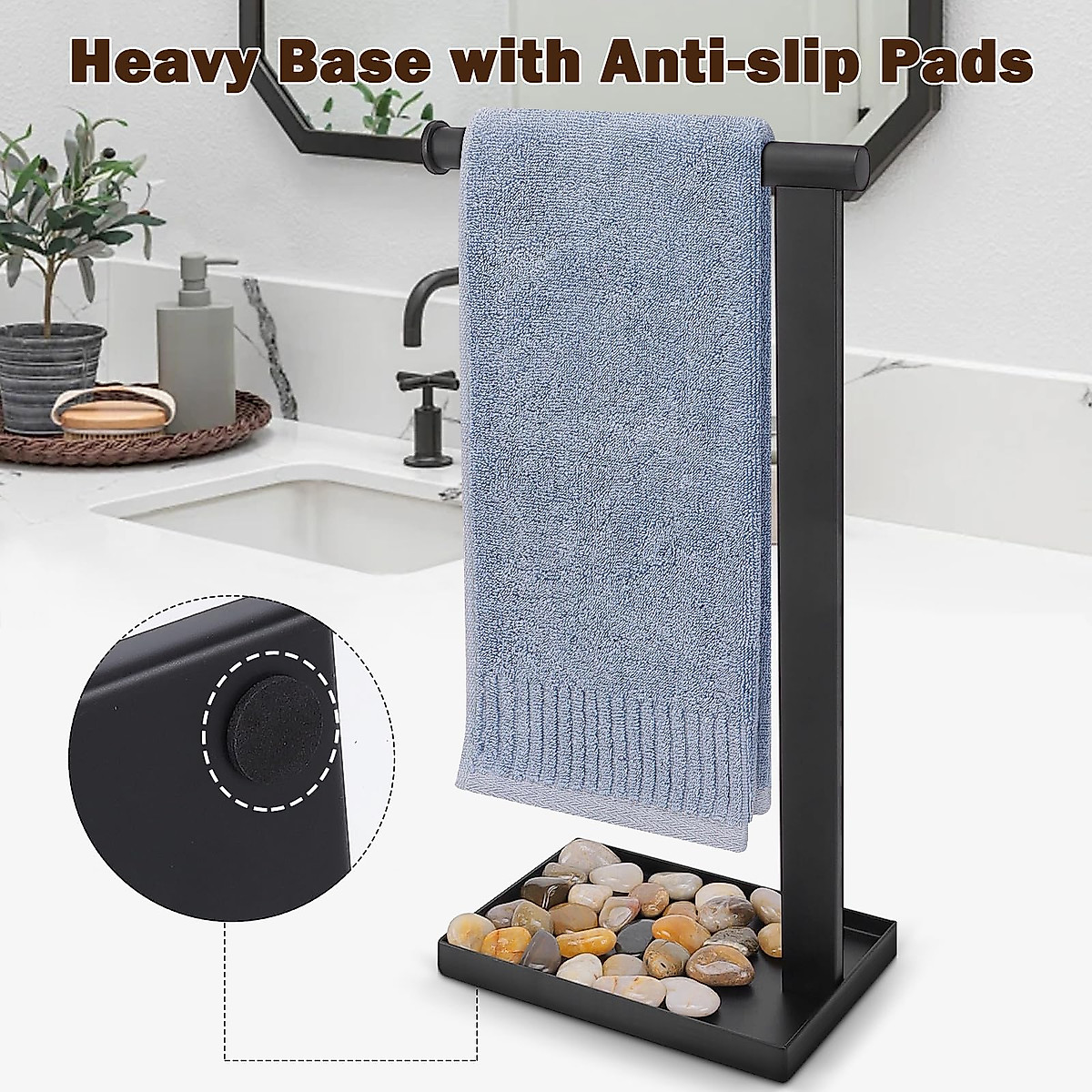 Siyzda Hand Towel Holder Stand for Bathroom, L- Shaped Freestanding Hand Towel Rack, Towel Bar Kitchen Vanity Countertop Organizer, SUS304 Stainless Steel Material (Metal, Matte Black)