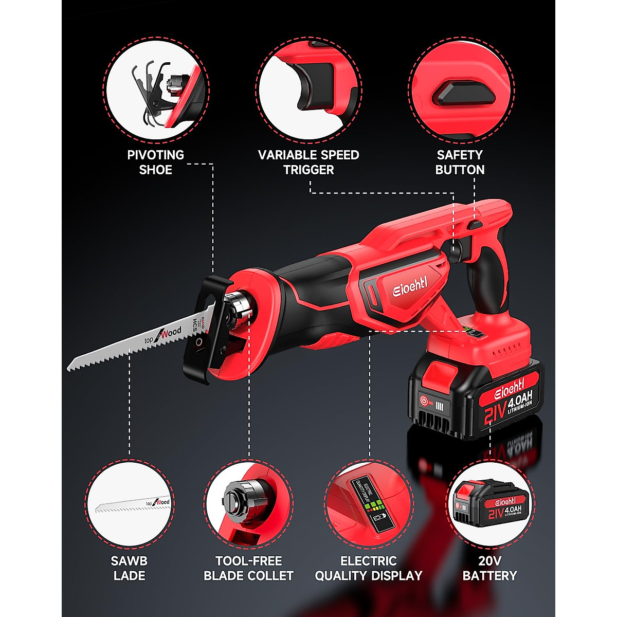 Reciprocating saw, Enhanced 3500 SPM Low Noise Brushless Motor, High-Performance 2*21V 4.0 Ah Batteries Extended Standby, 8 pcs Versatile Alloy Steel Blade Set Easily Cut Through Wood, Metal, ABS etc.