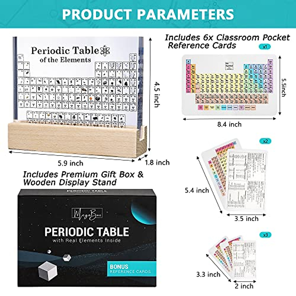 MegaBox Periodic Table Of Elements with 83 Real Elements, Acrylic Periodic Table Display With Wooden Stand, 6x Chemistry Formula Reference Cards, Science Teacher Gift Classroom Decoration