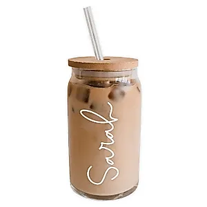 Personalized Iced Coffee Glass with Bamboo Lid & Plastic Straw, 16 oz Can Shaped Coffee Cup, Custom Holiday Gift Idea for Women Friends & Coffee Lover